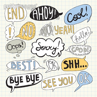 Hand drawn set of speech bubbles with handwritten text: Bye Bye,Sorry ...