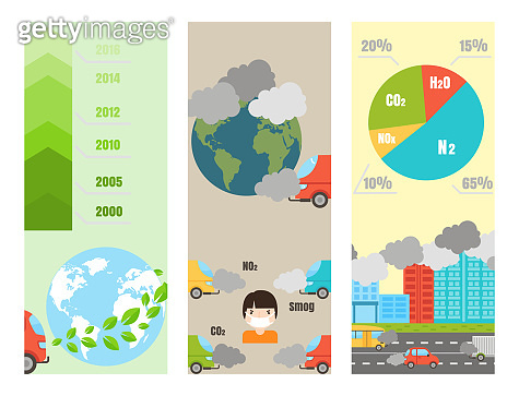 Ecology infographics cards set with air water and soil pollution charts ...