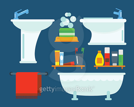 Bath equipment icons shower flat style colorful clip art illustration ...