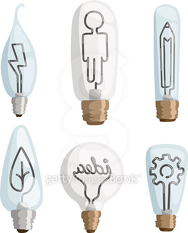 Creative idea lamps cartoon flat vector illustration set isolated bulb ...