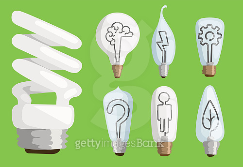 Creative idea lamps cartoon flat vector illustration set isolated bulb ...