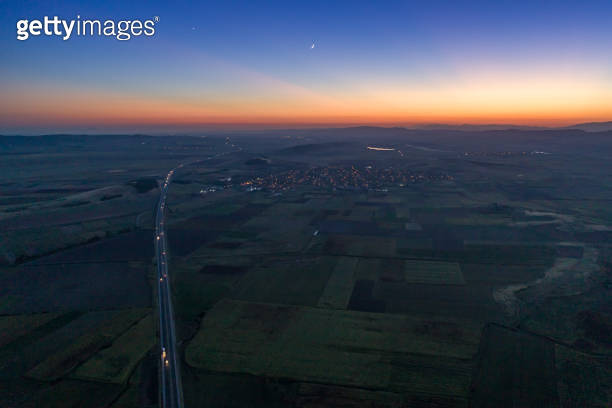 Mesmerizing sunset over Trakia highway in Bulgaria ultra wide drone ...