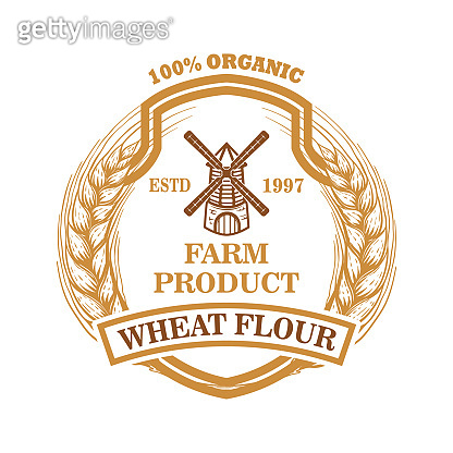 Wheat flour label template with wind mill. Design element for emblem ...