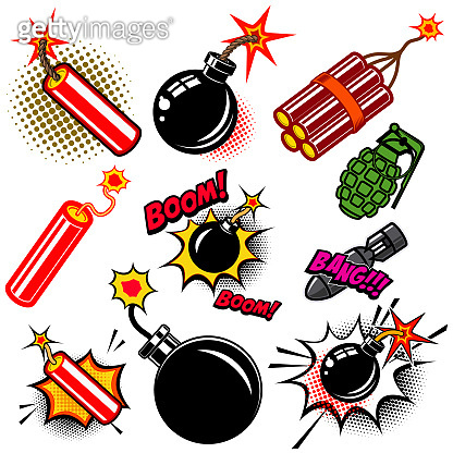 Set of comic style bombs, dynamite, grenade. Design element for poster ...