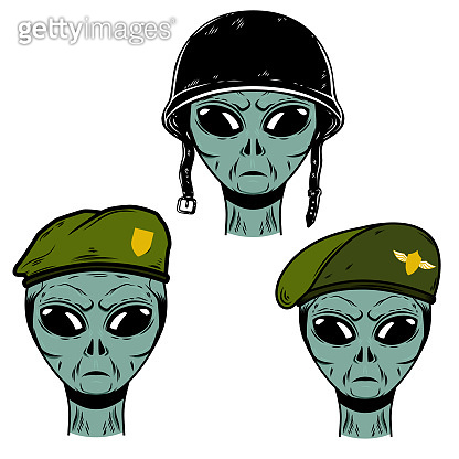 Set of alien soldier in battle helmet and paratrooper beret. Design ...