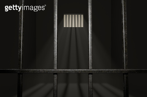 Empty prison cell. Light rays shining through window in jail. 3D ...