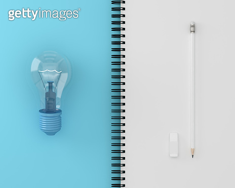 Creative flat lay design of workspace Light bulb with white pencil ...