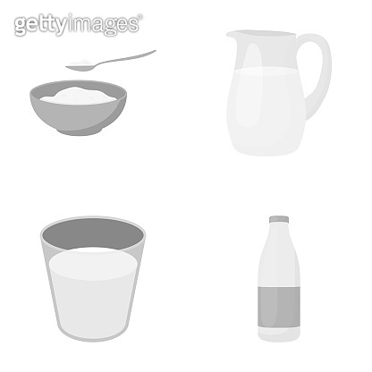 Bowl of cottage cheese, a glass, a bottle of kefir, a jug. Moloko set ...