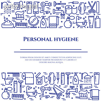 Personal hygiene blue line banner. Set of elements of shower, soap ...