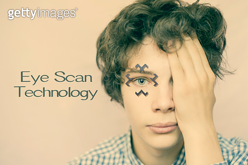 f biometric face recognition verification on teenage boy face isolated ...