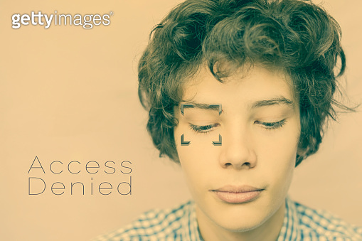 f biometric face recognition verification on teenage boy face isolated ...