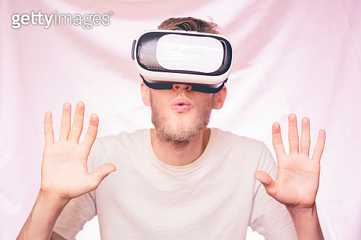 young man hands gestures in virtual reality vr glasses isolated 이미지 ...