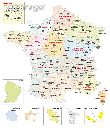 Administrative map of the 13 regions of France and overseas territories ...