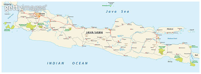 Vector road and national park map of the Indonesian island java 이미지 ...