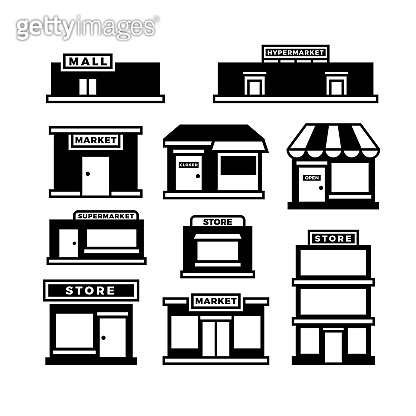 Mall and shop building icons. Shopping and retail pictograms ...