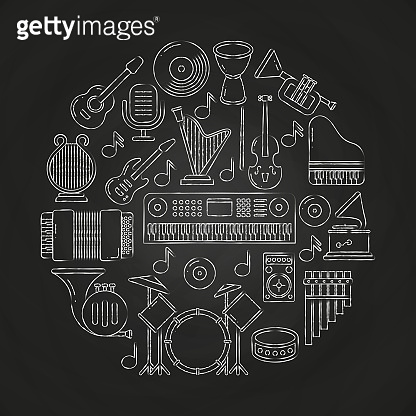 Chalk drawing vector music poster with musical instruments on ...