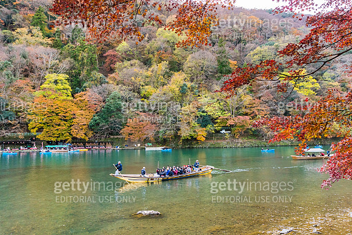 Japanese style boat sailing in autumn at arashiyama kyoto 이미지 ...