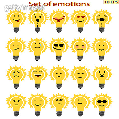 Yellow icons emoticon. Set of emotion cartoon light bulb. Smiley icons ...