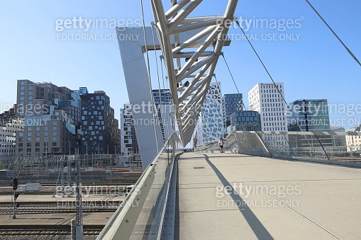 Oslo, Norway – July 19, 2018: Akrobaten pedestrian bridge in Bjorvika ...