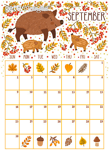 Vector monthly calendar with cute boar and two boar's babies. September ...