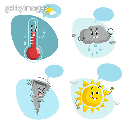 Cartoon weather characters set. Friendly sun, raindrop cloud, smiling ...