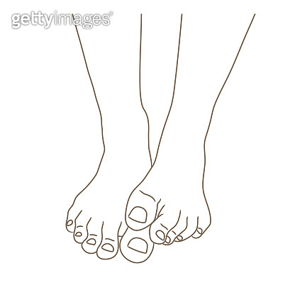 Female feet, barefoot, front view. One foot lying on the other. Healthy ...