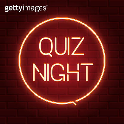 Pub quiz announcement poster, vintage styled neon glowing letters ...
