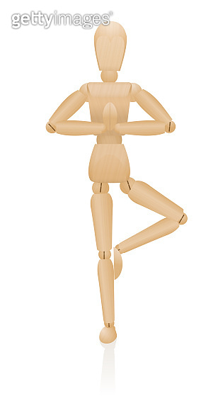 Yoga balance figure. Artist manikin with folded hands, standing on one ...