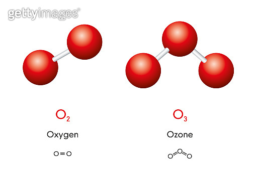 Oxygen and ozone molecule models and chemical formulas (1046497114 ...