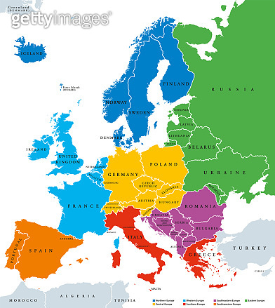 Regions of Europe political map, single countries, English labeling ...