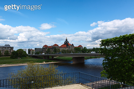 stone arch bridge across the Elbe river in Dresden, Germany. A journey ...