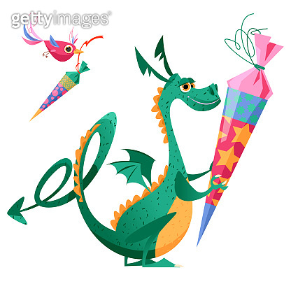 Dragon holding traditional German candy cone in the paws on the first ...