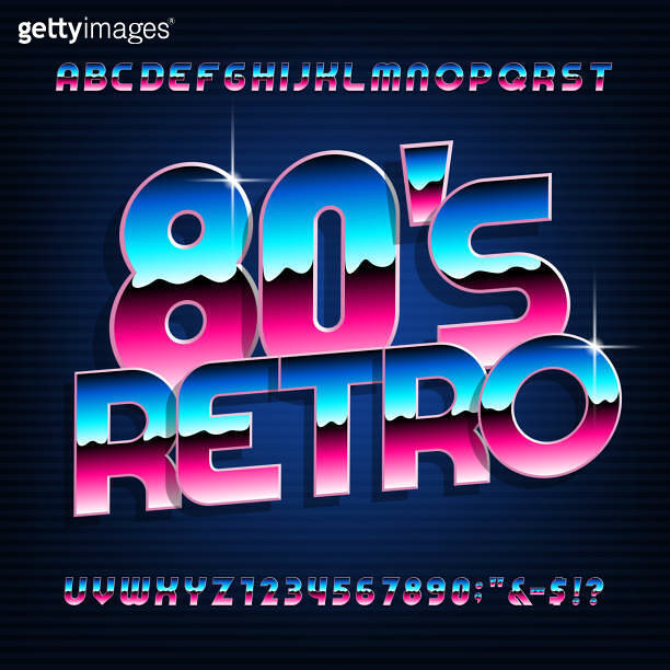 80s retro style alphabet font. Metallic effect shiny letters and ...