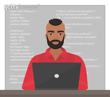 Vector stylish black man programmer sitting at the desktop and working ...