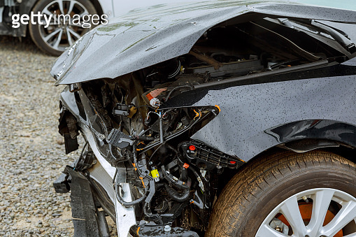 Broken car after accident, view of car front after an explosion, ready ...