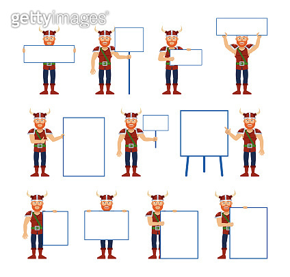Big set of viking characters posing with different blank banners ...