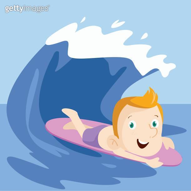 adorable little boy are surfing the sea while vacationing on summer ...