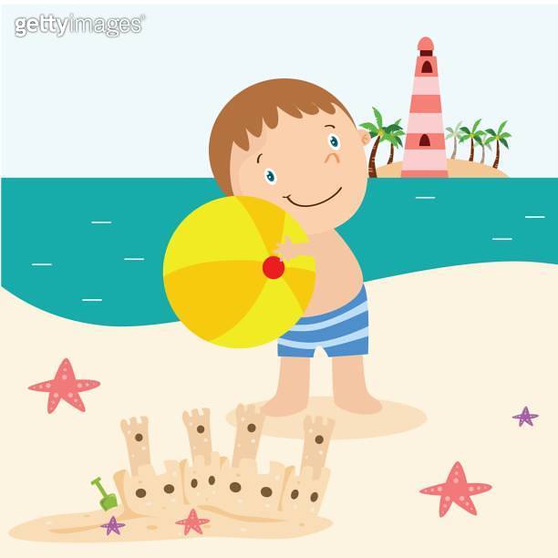 cute little boy are playing beach balls while vacationing on summer ...