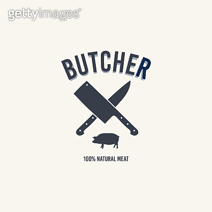 Butcher shop emblem. Butchery label with sample text. Knives and a pig ...
