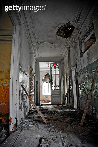 Old rotten doorway of an abandoned mansion of Khvostov in gothic style ...