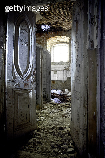 Old rotten doorway of an abandoned mansion of Khvostov in gothic style ...