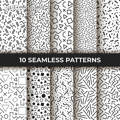Set of ten seamless patterns. Retro memphis geometric line shapes. Retro fashion style 80s ...
