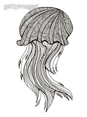 Hand drawn jellyfish for adult Coloring Page in zentangle style ...