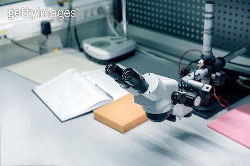 Industrial optical microscope. Workplace for quality control of ...