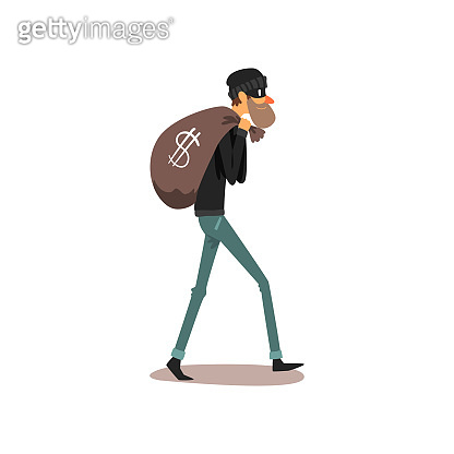 Male thief carrying money bag, robber cartoon character committing ...