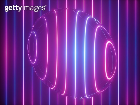3d render, neon light glowing lines, refraction effect, optical ...