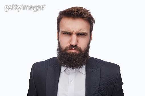 Grumpy bearded man in suit on white 이미지 (1087249134) - 게티이미지뱅크