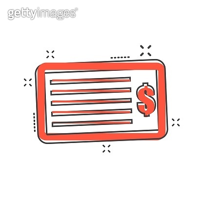 Cartoon money check icon in comic style. Bank checkbook illustration ...