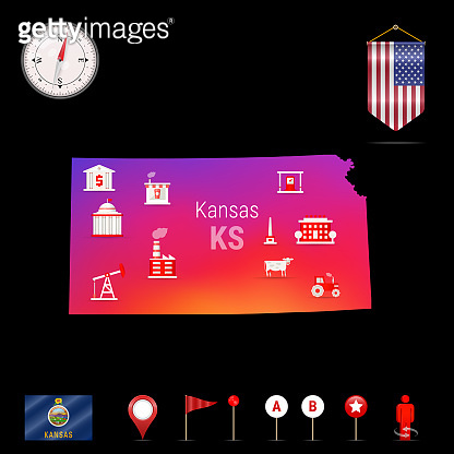 Kansas Vector Map, Night View. Compass Icon, Map Navigation Elements ...