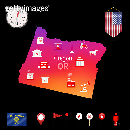 Oregon Vector Map, Night View. Compass Icon, Map Navigation Elements ...